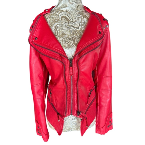 Jackets & Coats | Sexy Faux Leather Red Studded Womens Jacket Goth ...